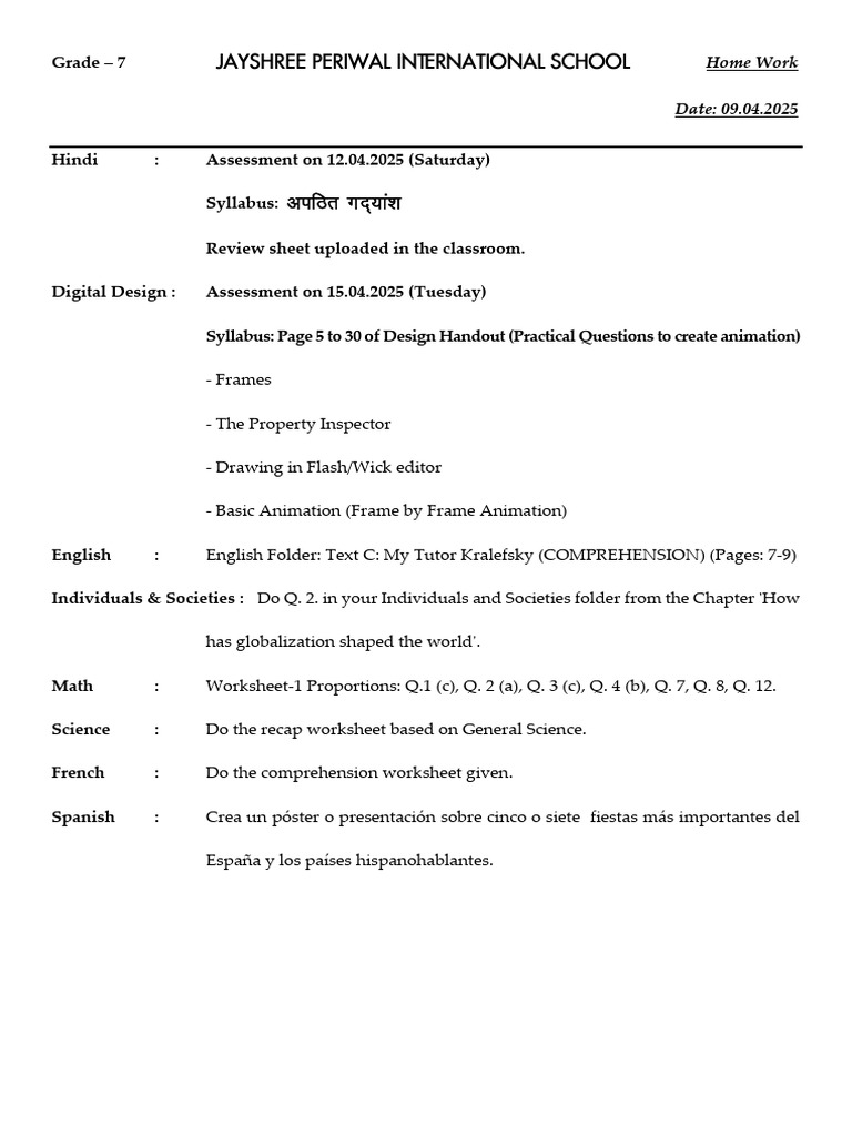Grade - 7 - Weekend Homework - 09.04.25 | PDF