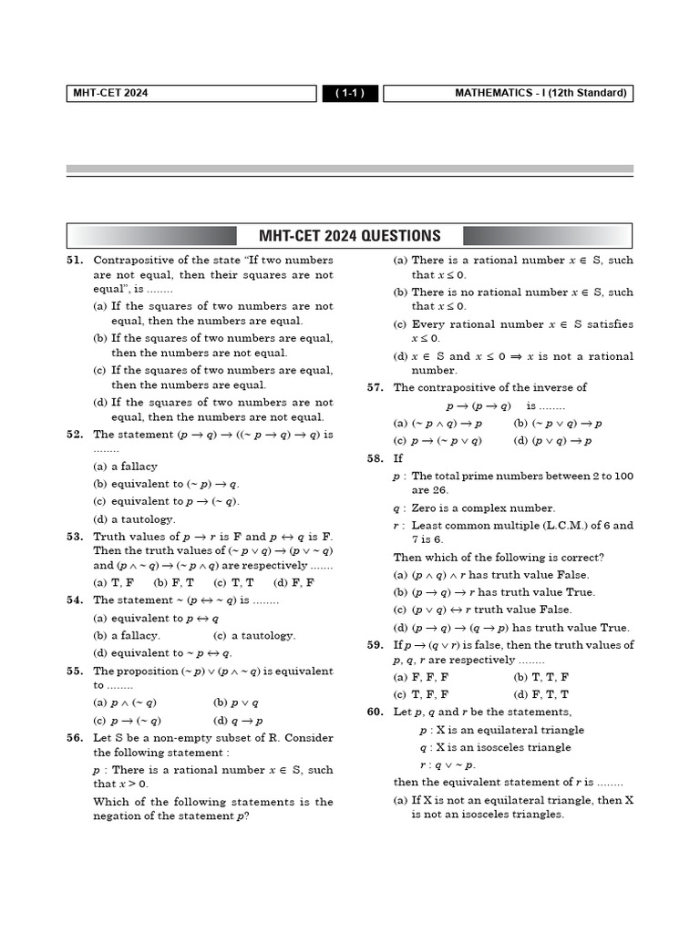 MHT-CET 2024 Mathematics Questions | PDF | Matrix (Mathematics) | If ...
