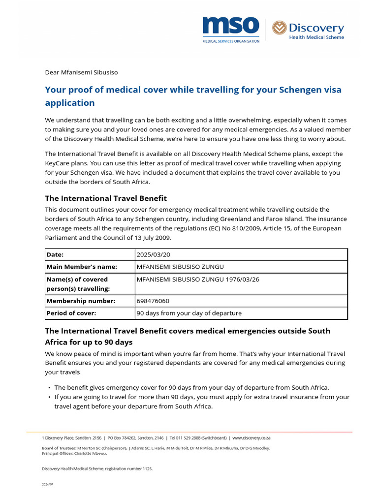 International Travel Benefit Letter - 3470024000 | PDF