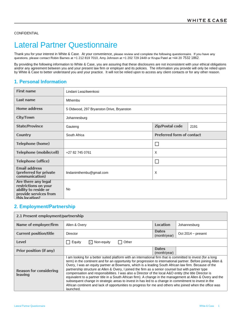 Lindani Mthembu - Lateral Partner Questionnaire - 1 | PDF | Cost Of ...