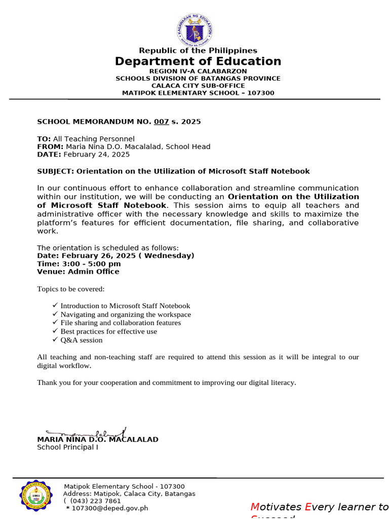 School Memorandum - 007 - School-Based Orientation On The Interim Guidelines For The DepEd ...