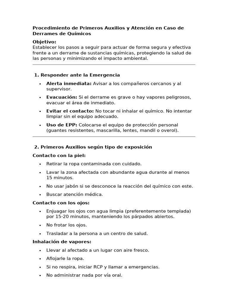 Procedimiento de Primeros Auxilios y Atención en Caso de Derrames de Químicos | PDF | Agua ...