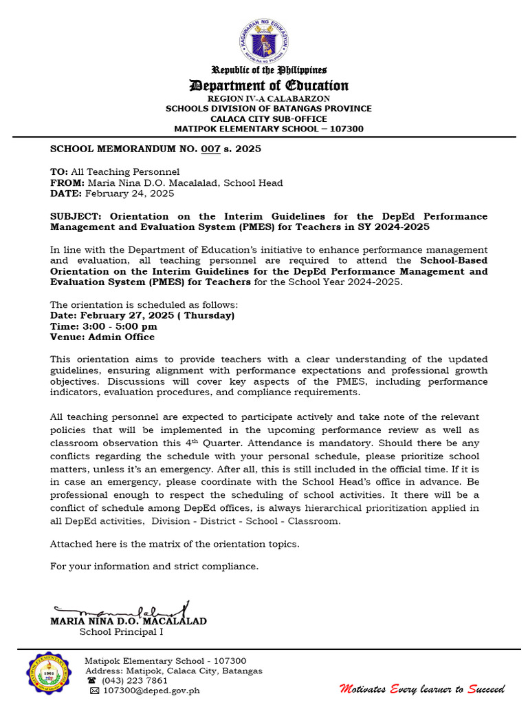 School Memorandum - 008 - School-Based Orientation On The Interim Guidelines For The DepEd ...