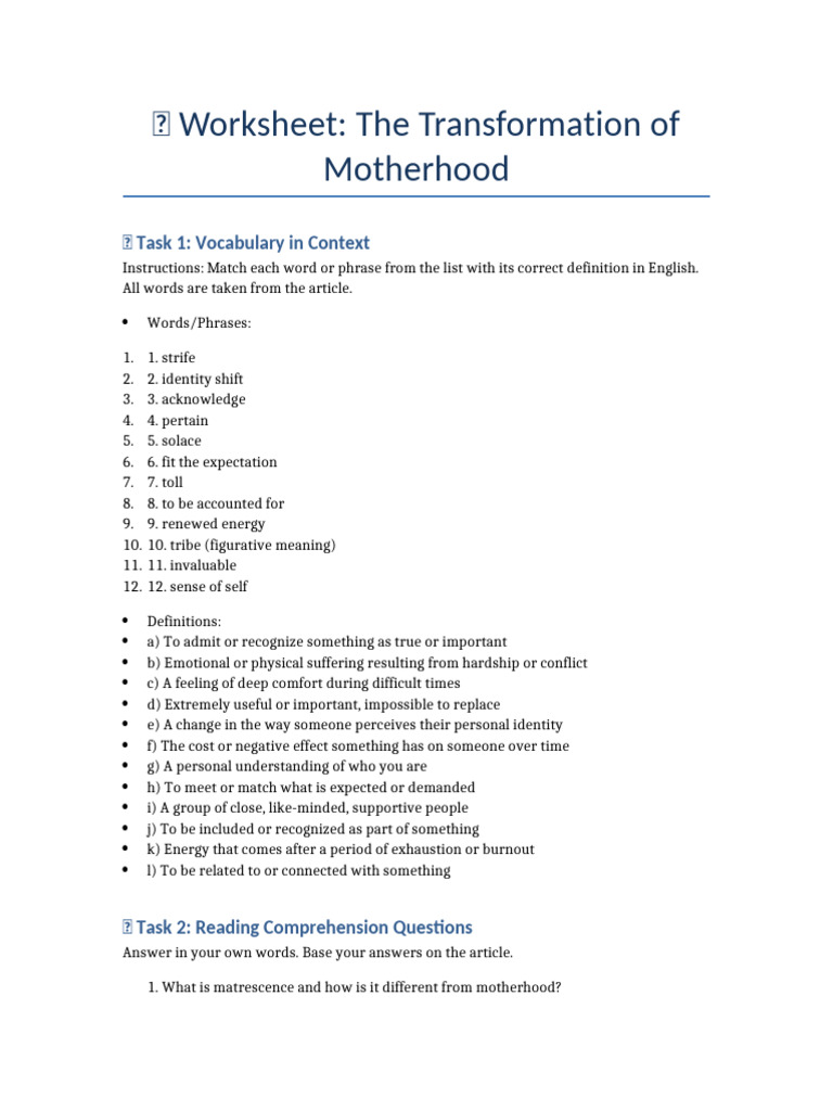 Matrescence Worksheet | PDF