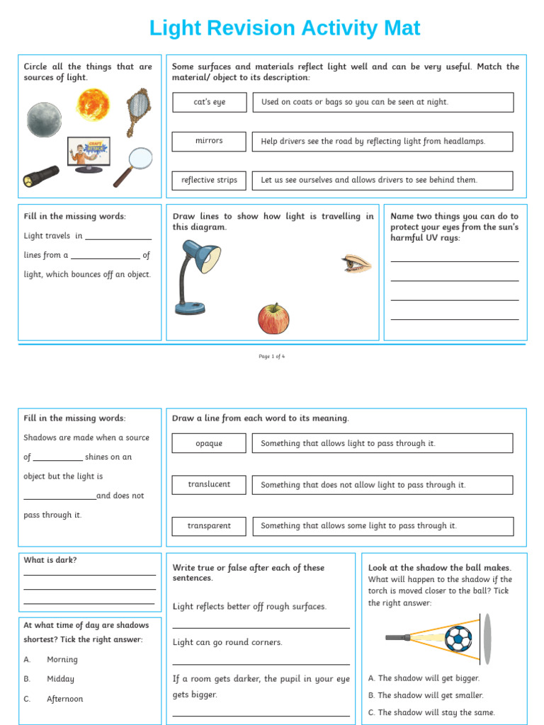 Light Revision Activity Mat | PDF | Shadow | Light