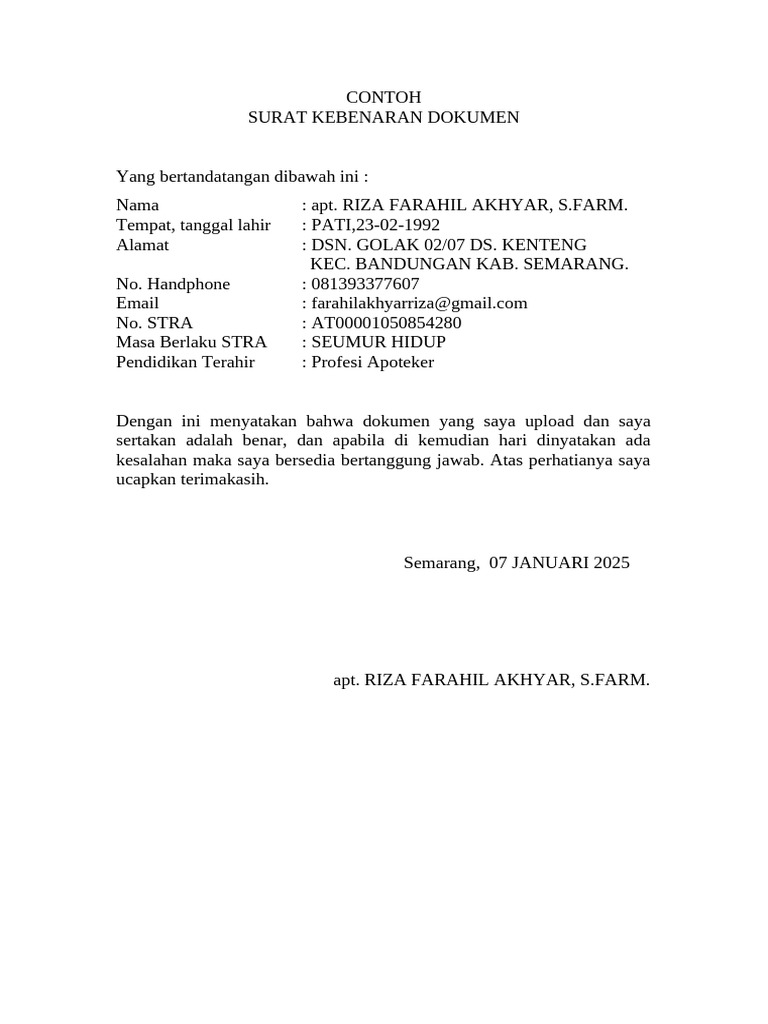 Surat Kebenaran Dokumen Riza | PDF