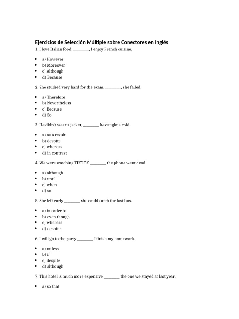 Ejercicios Conectores Ingles | PDF