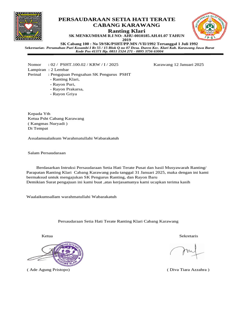 Pengajuan SK Pengurus Ranting Klari PSHT Cabang Karawang 2025+cap | PDF