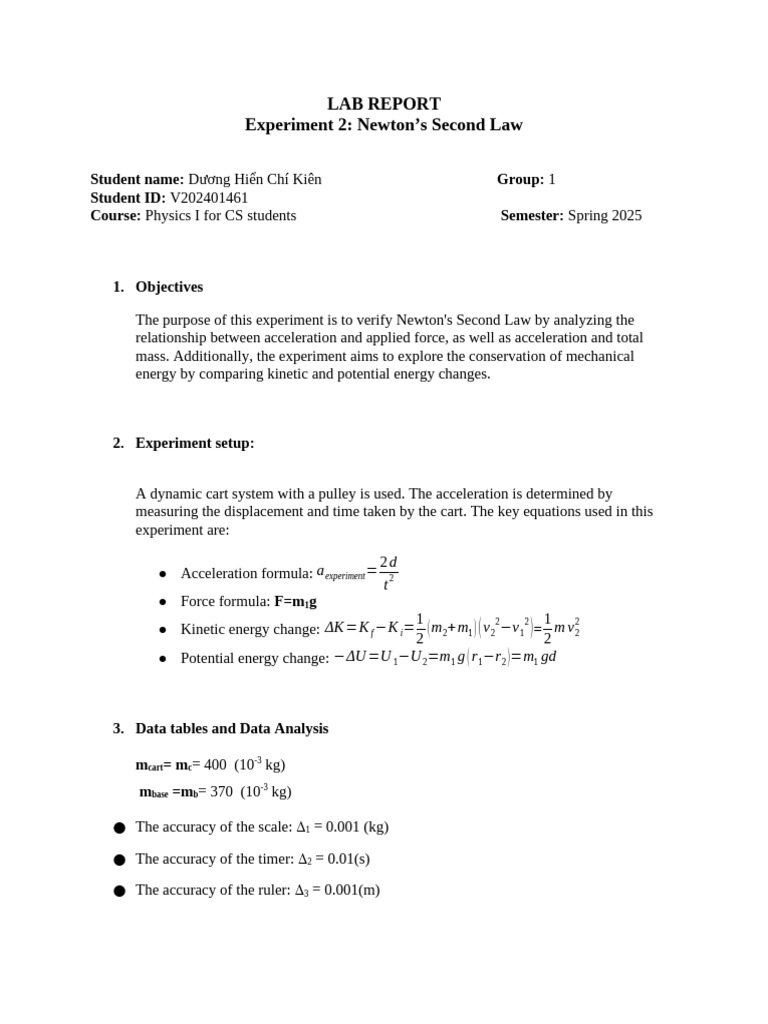 Newton's Second Law Lab Report | PDF | Force | Newton's Laws Of Motion