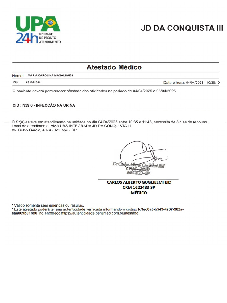 ATESTADO UPA SAO PAULO | PDF