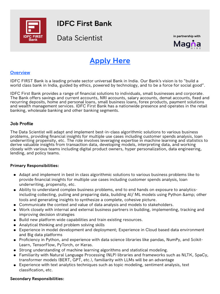 Data Scientist - IDFC in Partnership With Magna Hire | PDF | Analytics | Data Science