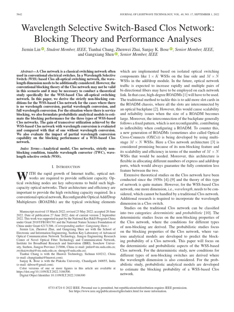 Wavelength Selective Switch-Based Clos Network Blocking Theory and ...