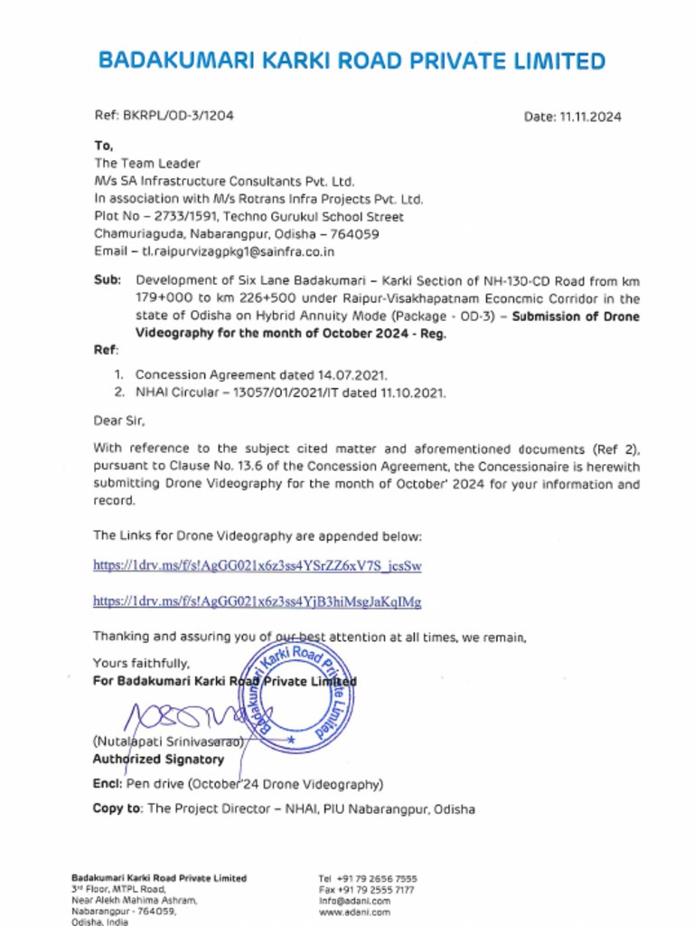 Letter - 1204 Dated 11.11.2024 - Submission of Drone Videography For ...