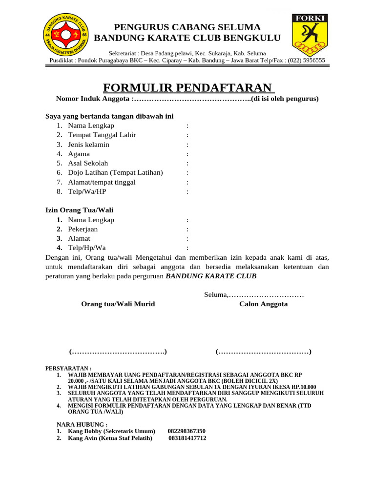 Formulir Pendaftaran BKC Seluma | PDF