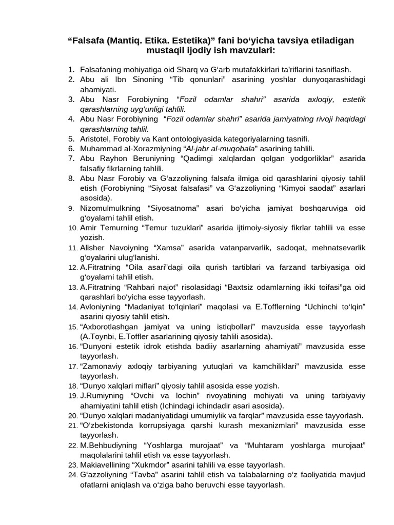 "Falsafa (Mantiq. Etika. Estetika) " Fani Bo Yicha Tavsiya Etiladigan Mustaqil Ijodiy Ish ...