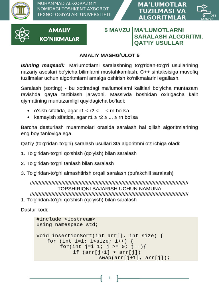 5 Mavzu Ma'Lumotlarni Saralash Algoritmi. Qat'Iy Usullar ': Ishning Maqsadi | PDF