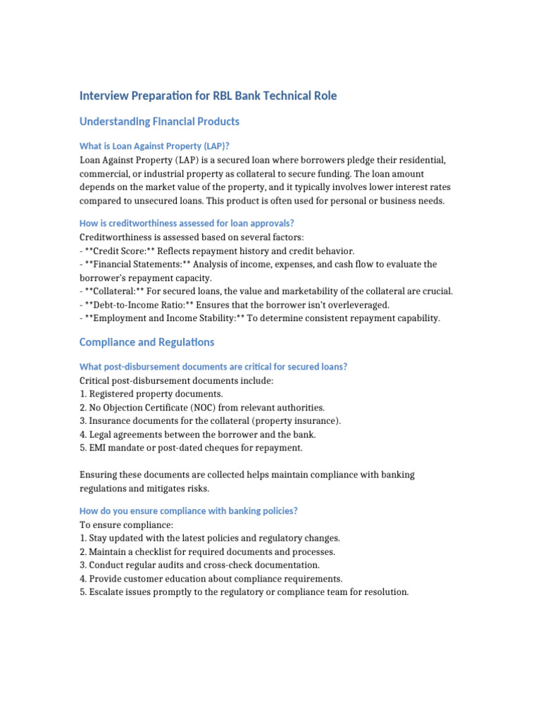 RBL Bank Interview Prep: Loan Insights | PDF | Loans | Banks