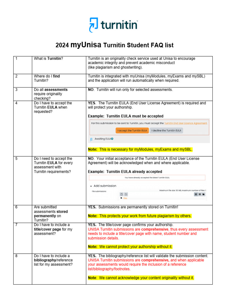 2024 FAQ Turnitin MyUnisa | PDF | Turnitin | Plagiarism
