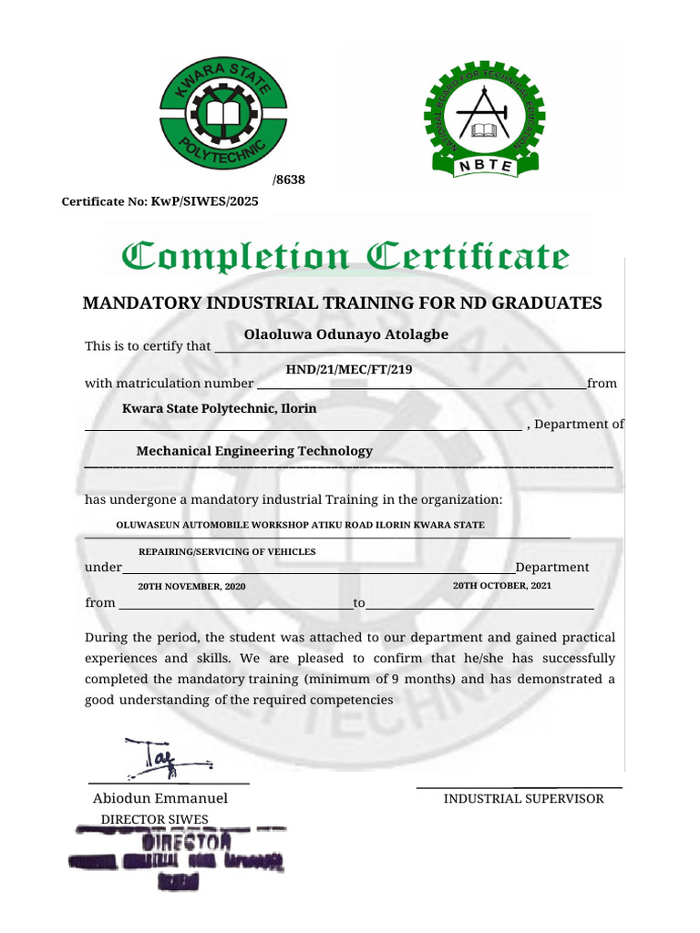 Kwara Poly ND Industrial Training Certificate | PDF