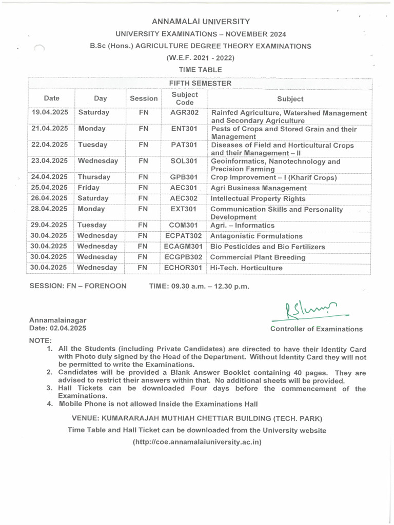 Agri Timetable Nov2024 May2025 | PDF