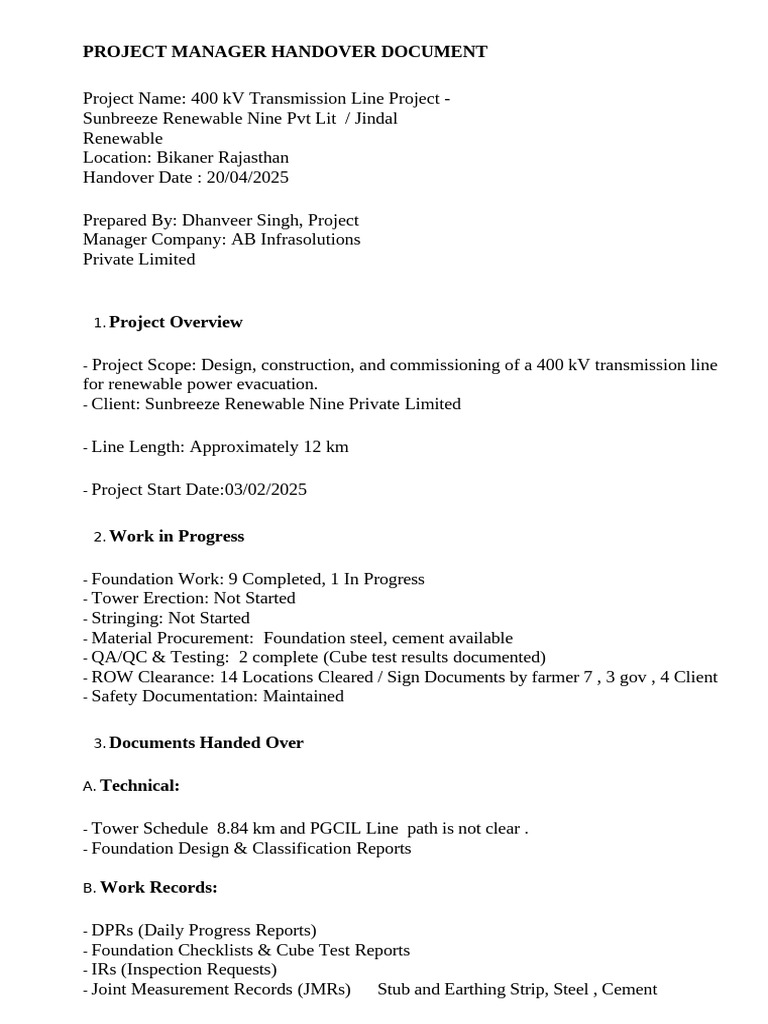Project Manager Handover Document | PDF