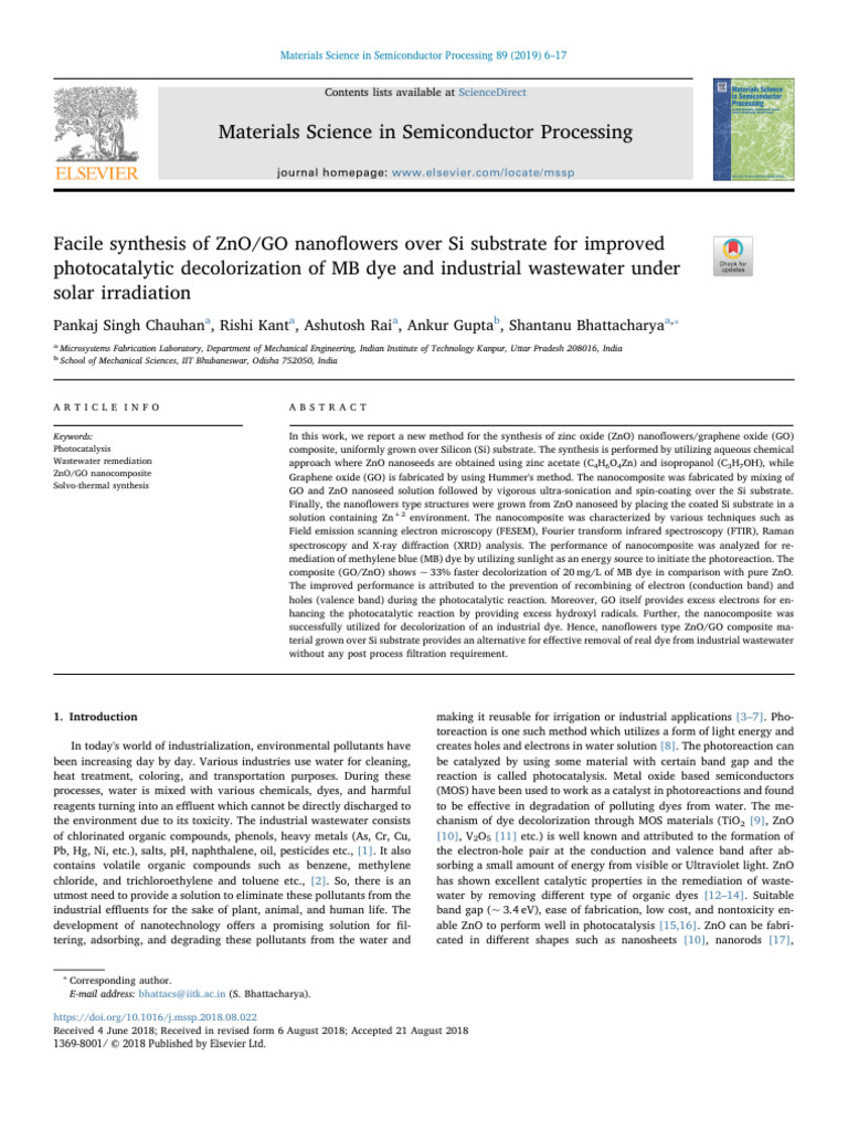 Facile Synthesis of ZnO GO Nanoflowers o | PDF | Adsorption | Zinc Oxide