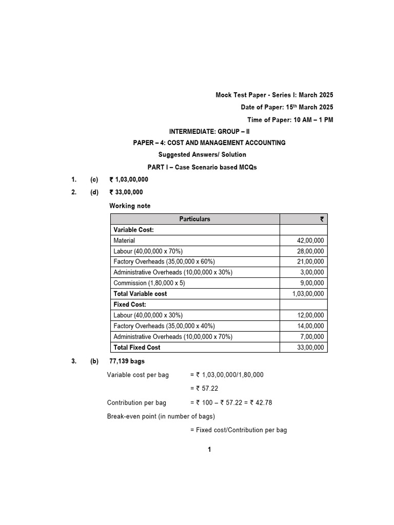 CA Inter Costing MTP Solution May 25 Exams | PDF | Cost Of Goods Sold ...