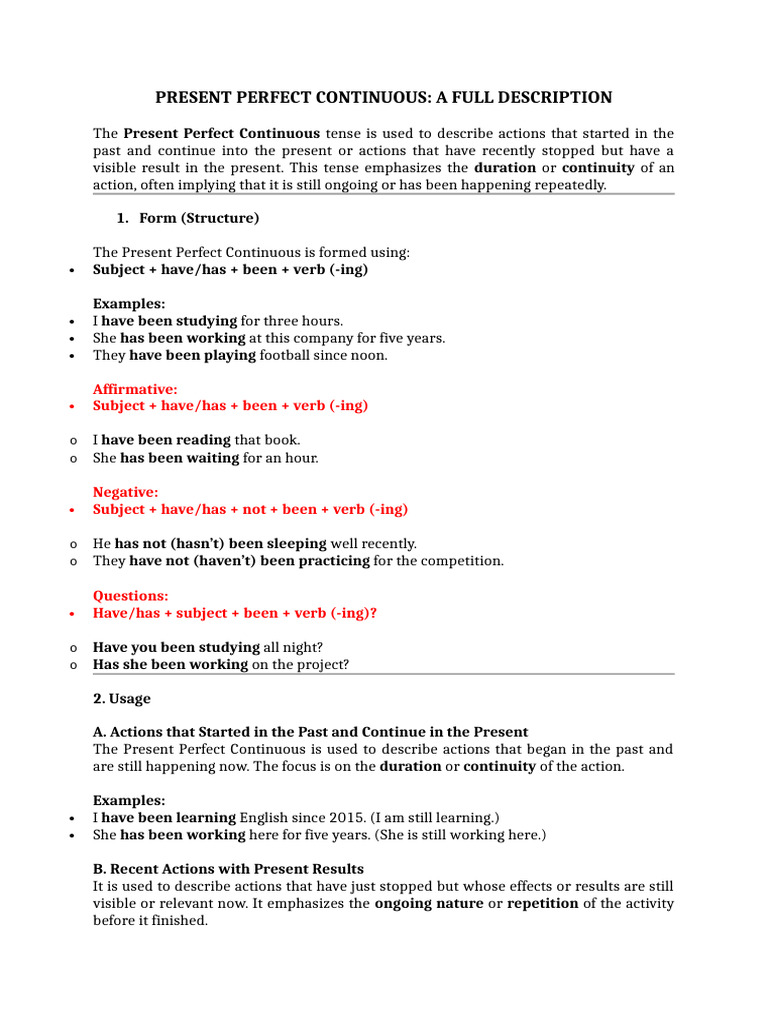 PRESENT PERFECT CONTINUOUS | PDF | Perfect (Grammar) | Language Mechanics