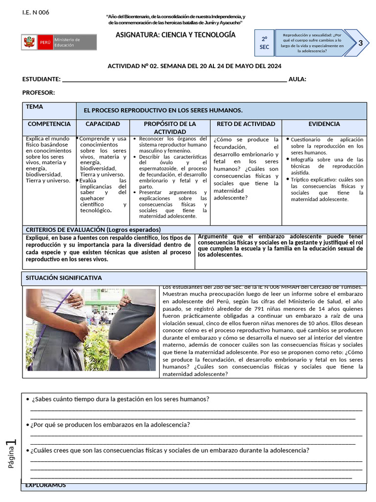 2°sec - UNIDAD 3 - ACTIVIDAD 2 (CyT Explica 2024) - El Proceso Reproductivo de Los Seres Humanos ...