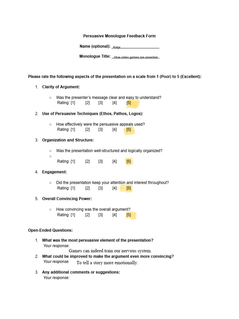 Persuasive Monologue Feedback Form | PDF