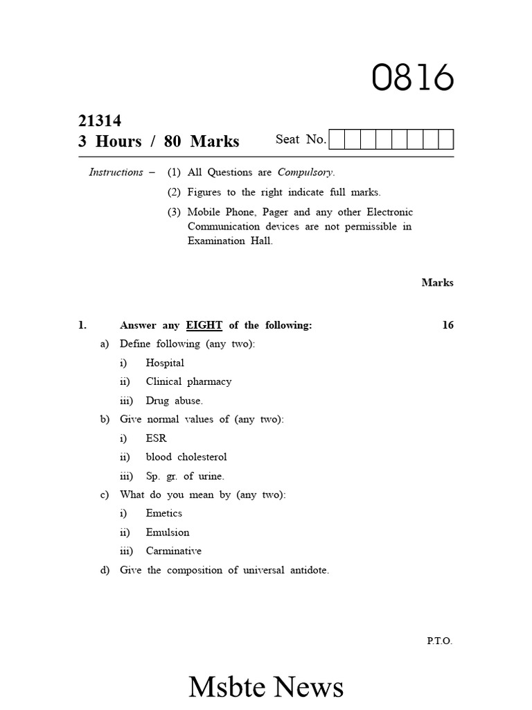 0816 Hospital Clinical Pharmacy Question Paper Summer 2014 Msbte News ...