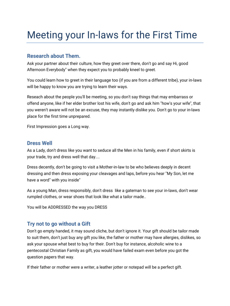 Meeting Your In-Laws For The First Time | PDF