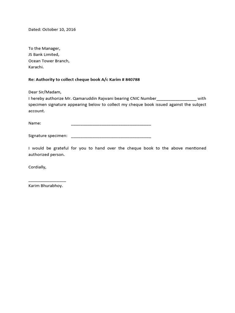 Authorization Letter for Cheque Book Collection | PDF