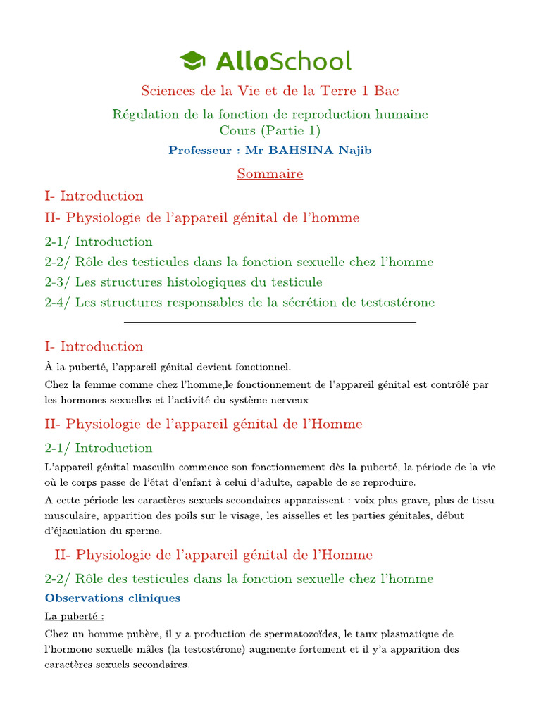 Regulation de La Fonction de Reproduction Humaine Cours Partie 1 2 | PDF