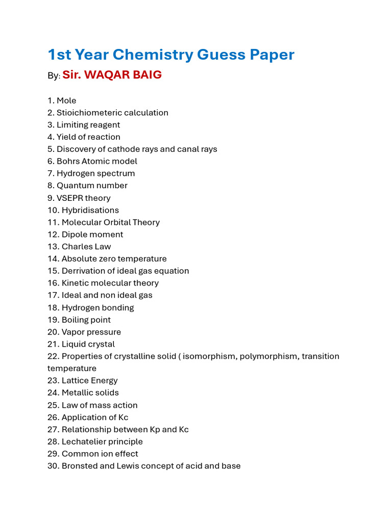 2025 Chemistry Guess Paper by Waqar Baig | PDF