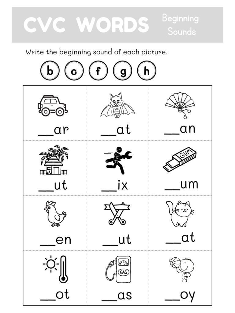 CVC Beginning Sounds Worksheet Black and White Lined Style | PDF