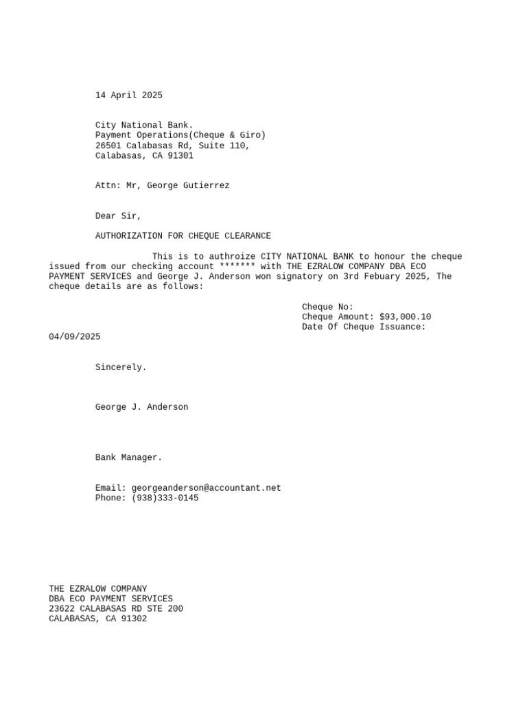 Cheque Clearance Authorization Letter | PDF