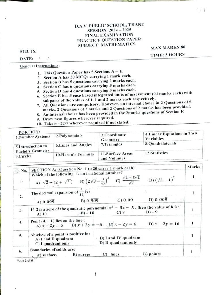 Maths Sample Paper Class 9th Dav | PDF | Circle | Area