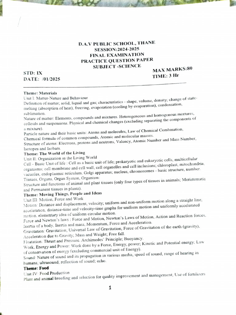 Science Sample Paper Class 9th Dav | PDF | Force | Gravity