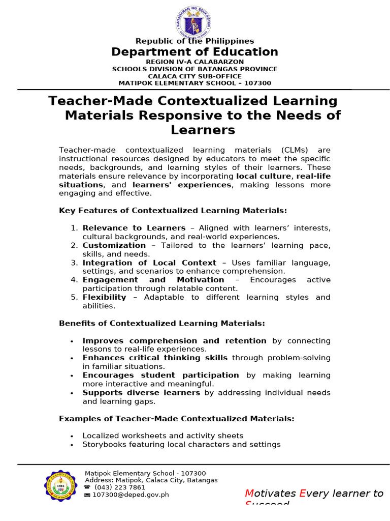 4 - Teachers Prepare Contextualize Learning Materials Responsive To The ...