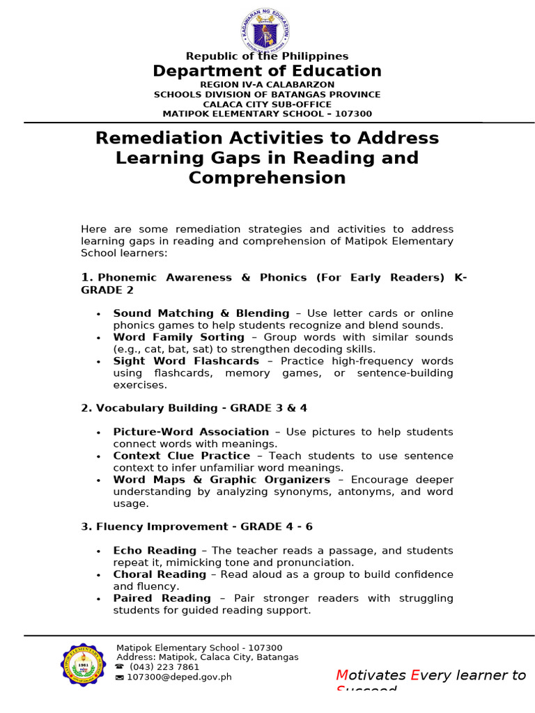 Remediation Activities for Reading Skills | PDF | Phonics | Reading ...
