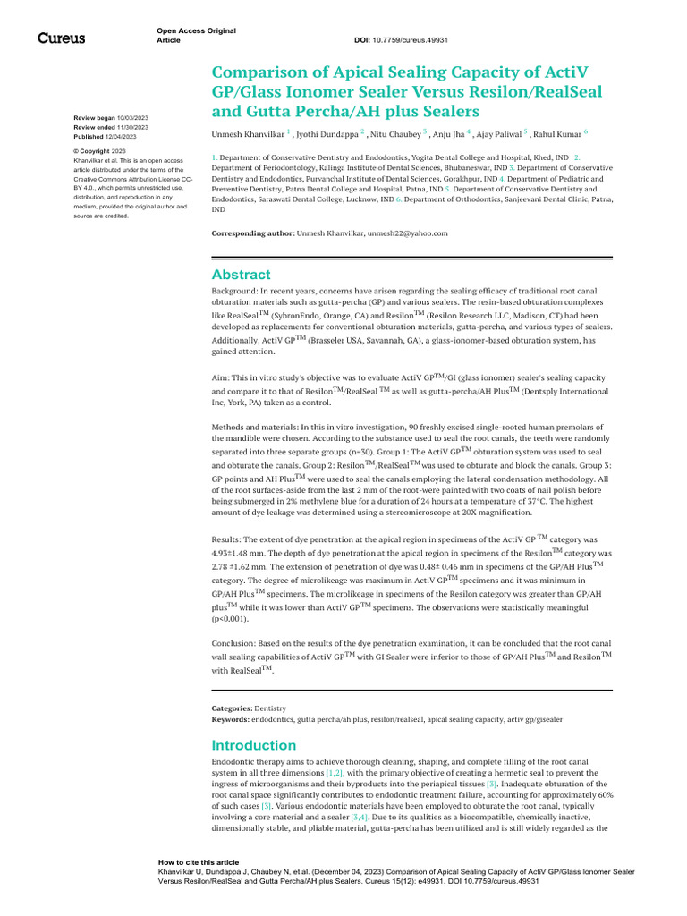 Comparison of Apical Sealing Capacity of ActiV GPG | PDF | Dentistry ...