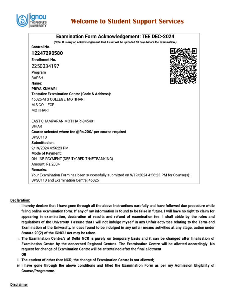 IGNOU - Examination Form Acknowledgement | PDF