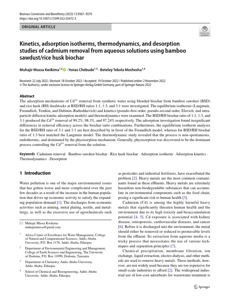 Kinetics, Adsorption isotherm and desorption study of Cadmium removal using Bamboo_Rice Hus ...