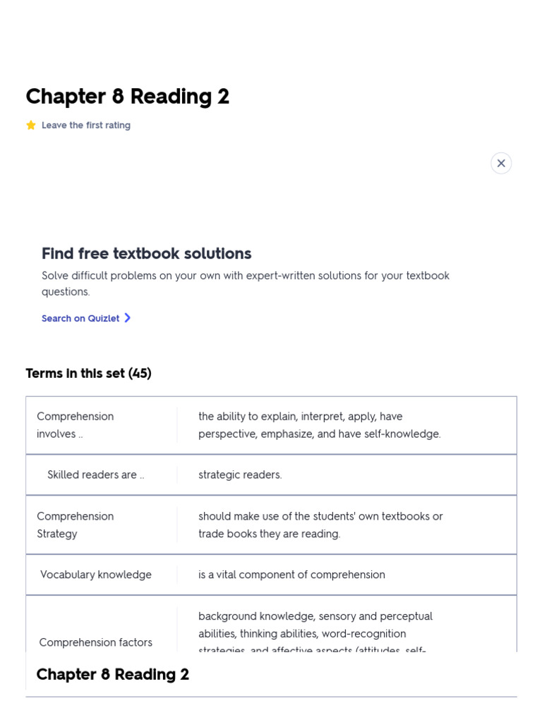 Chapter 8 Reading 2 Flashcards - Quizlet | PDF | Reading Comprehension | Schema (Psychology)