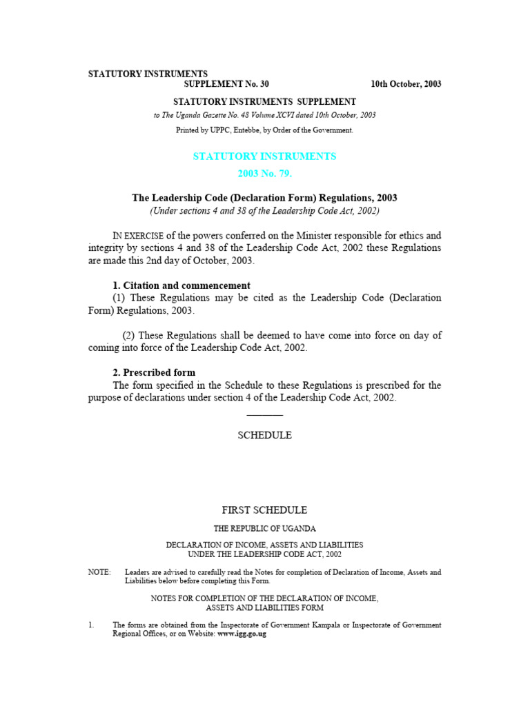 Leadership Code Declaration Form Regulations 2003 | PDF | Debt | Banks