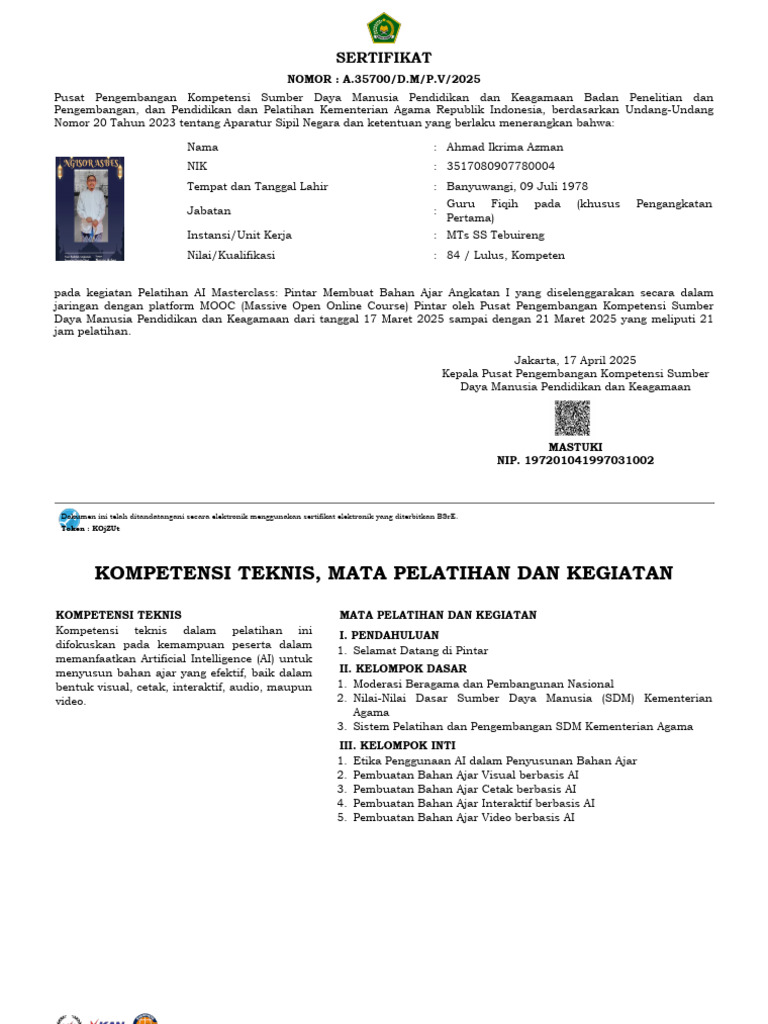 Sertifikat Pelatihan AI Masterclass_ Pintar Membuat Bahan Ajar - UST AHMAD IKRIMA AZMAN | PDF