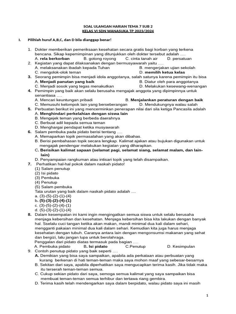 Soal Ulangan Harian Tema 7 Sub 2 | PDF