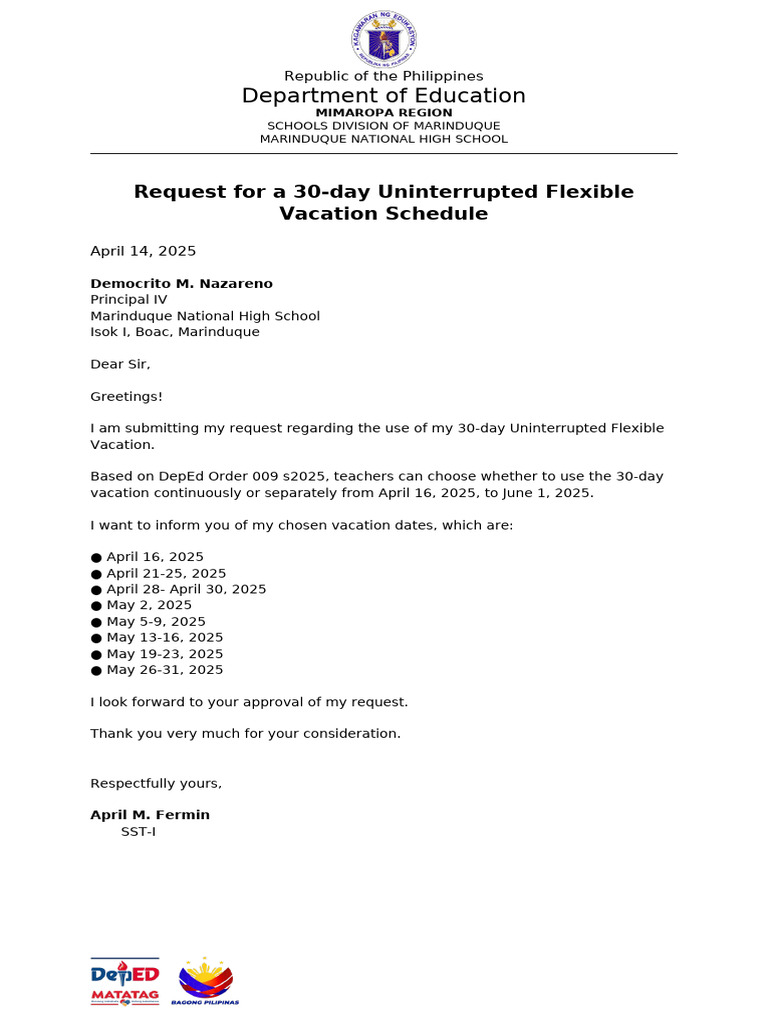 Letter Request Uninterrupted Vacation | PDF