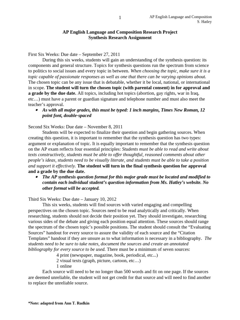 AP English Language Synthesis Project Guide | PDF | Editing | Essays